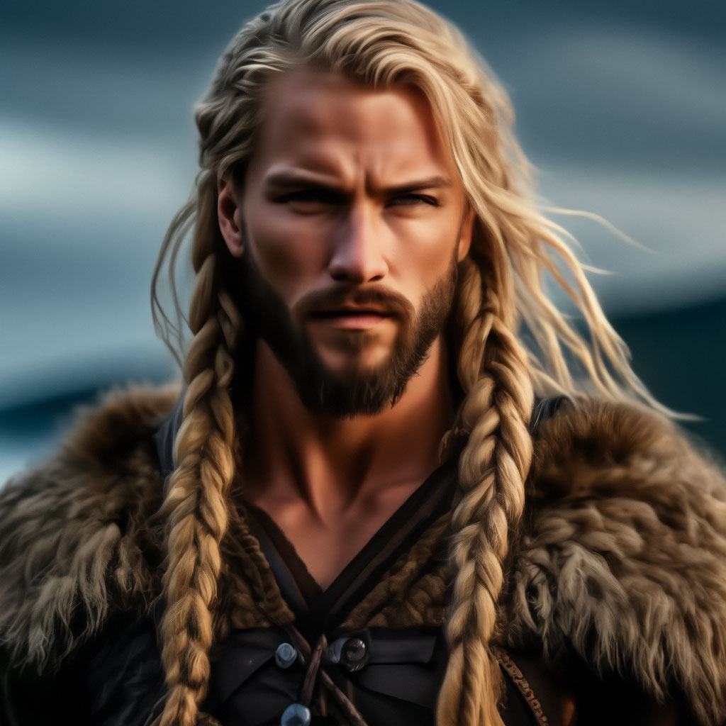 "A berserker in the form of a man. realistic, blond, long hair gathered ...
