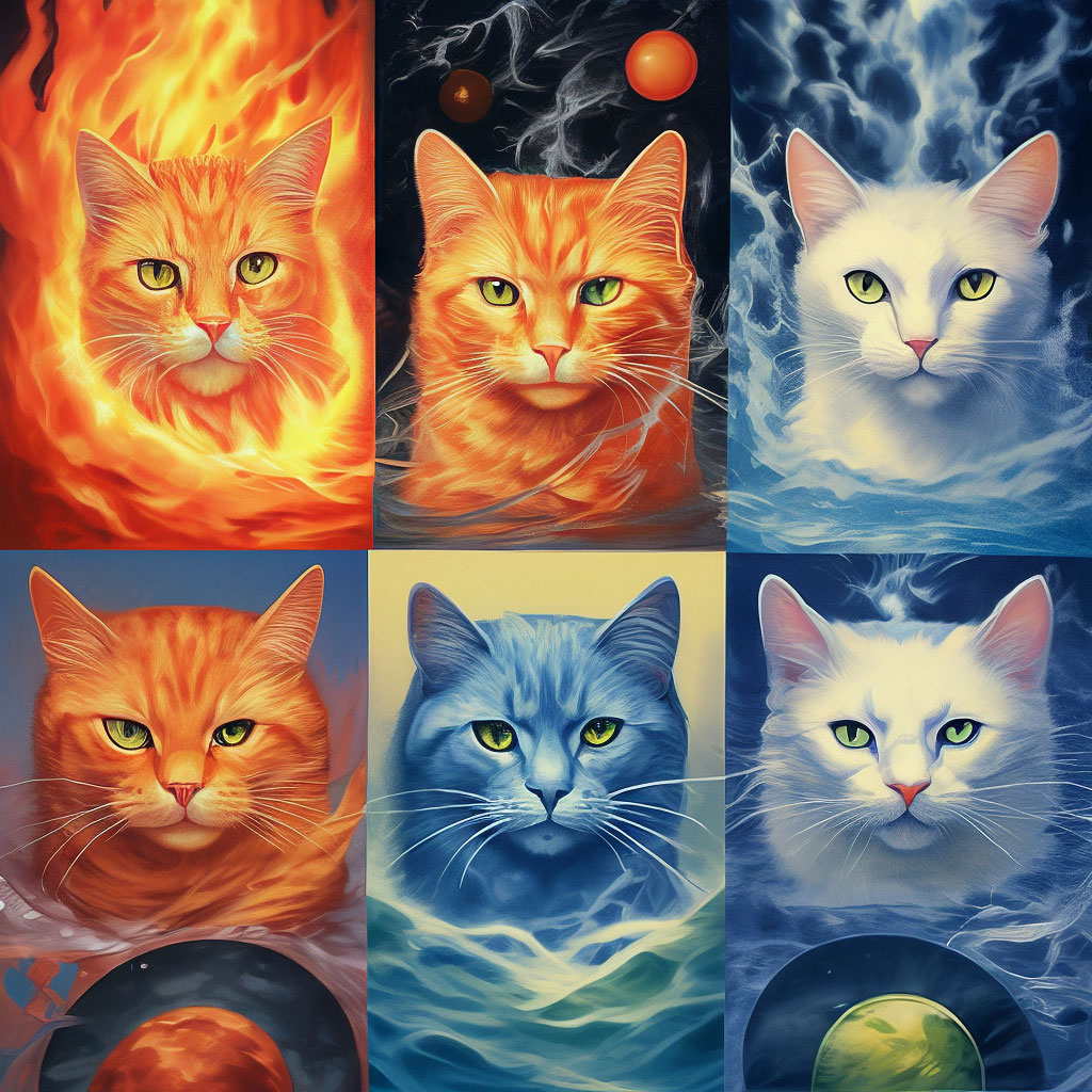 "Fire, water, air, earth in the form of cats" — image created in Shedevrum