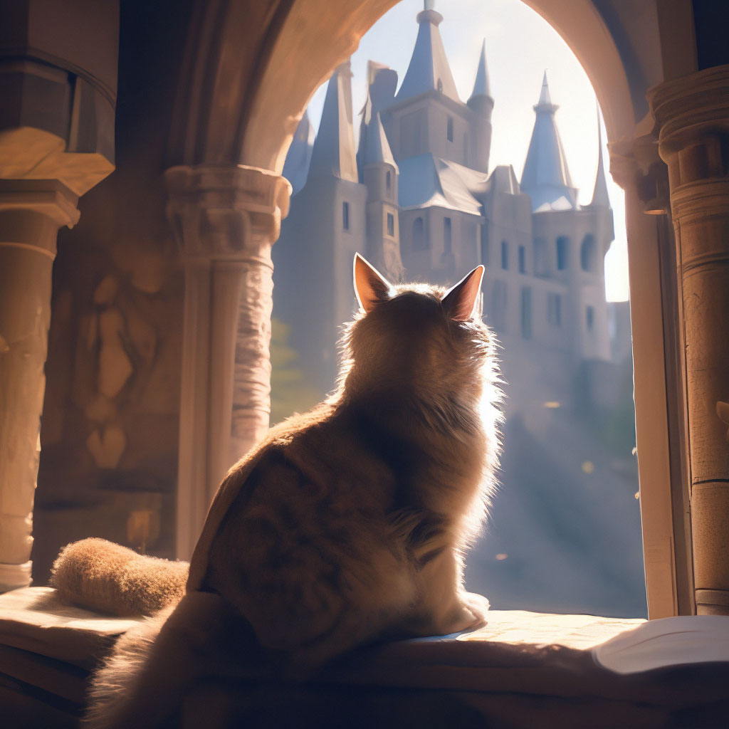 "Cat, medieval castle, aesthetically pleasing, beautiful, dim lighting ...