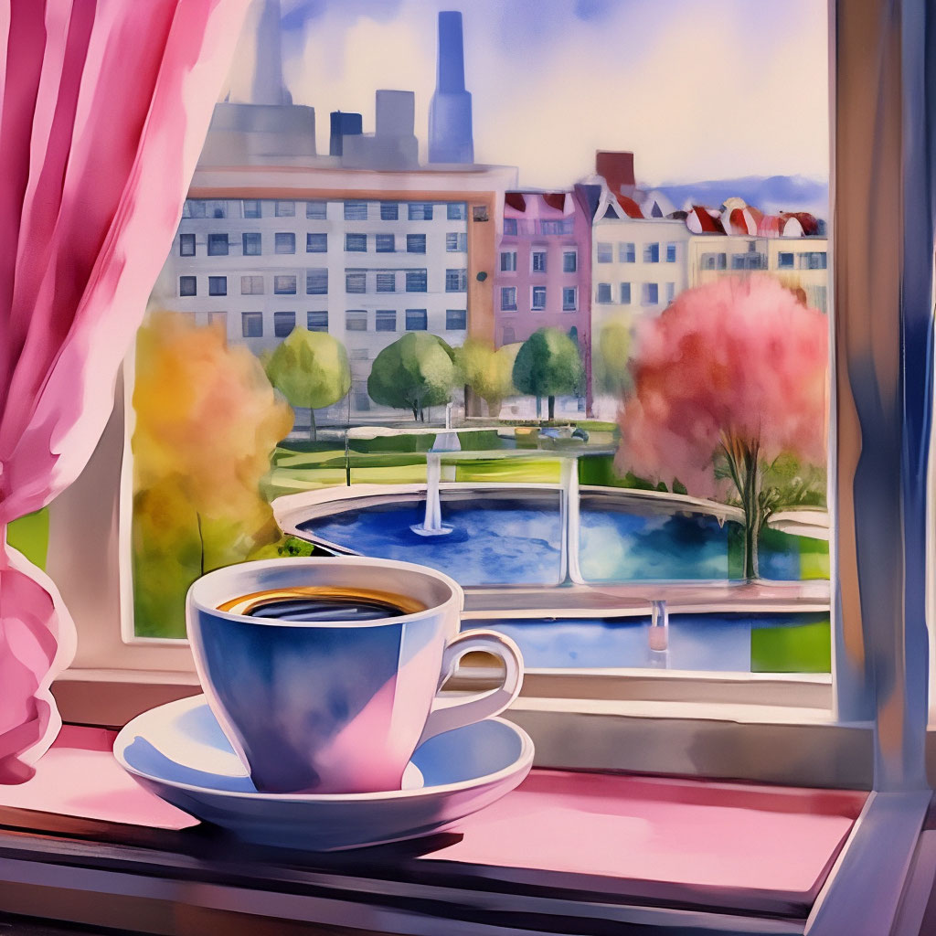 "Watercolor drawing, view from the window of the city fountain and park ...