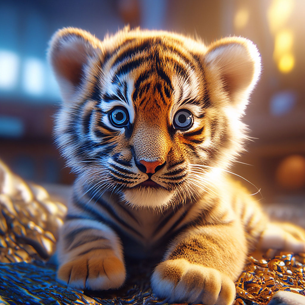 "Small, fluffy tiger cub, very cute, with sad eyes, hyperdetalization ...