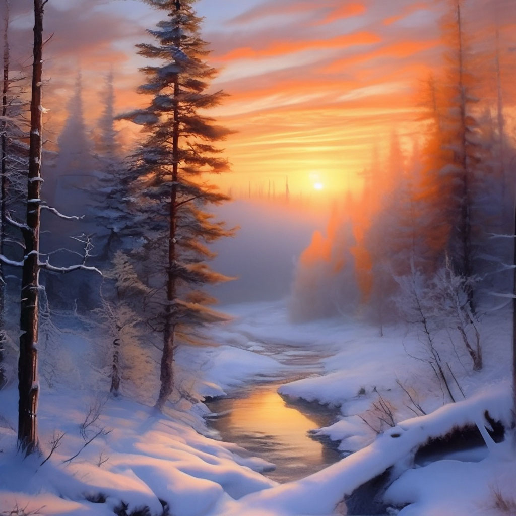 "Beautiful dawn over the forest winter" — image created in Shedevrum