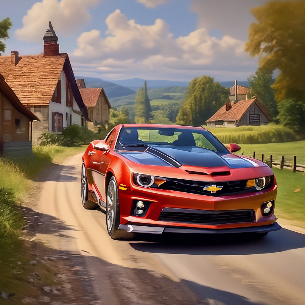 "Chevrolet Camaro car, driving on a village road, hyperrealism" — image ...