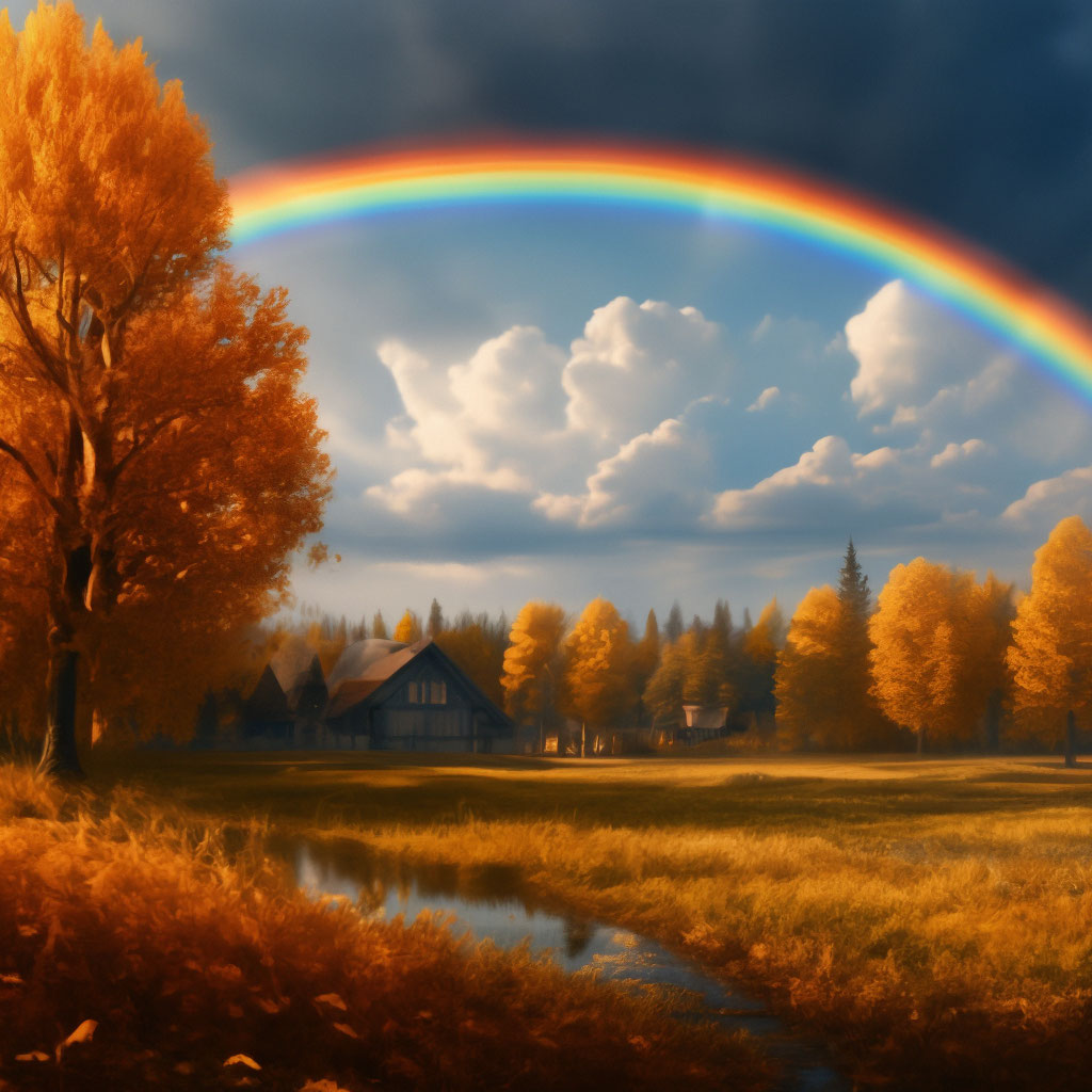 "Autumn landscape, megarealism, bright rainbow, against the background ...
