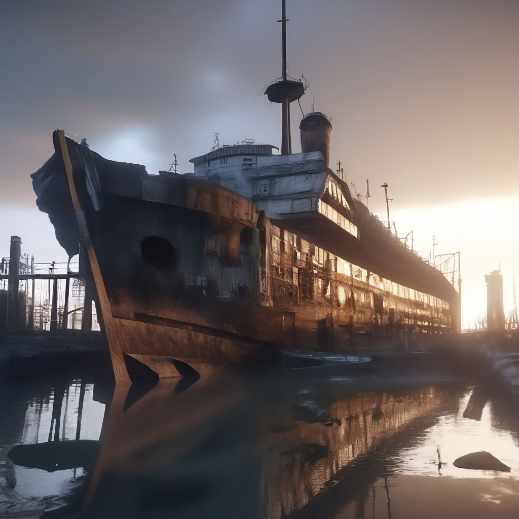 "Old abandoned ship on the dock, hyperrealism, mysticism, horror ...