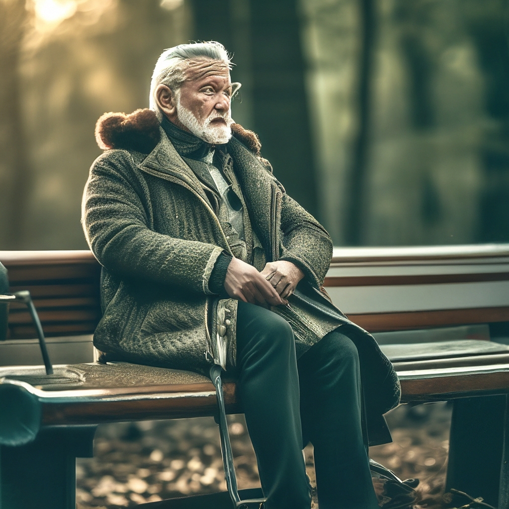"Photo series "Old Age". A tall, stout man of 65 years old is sitting ...