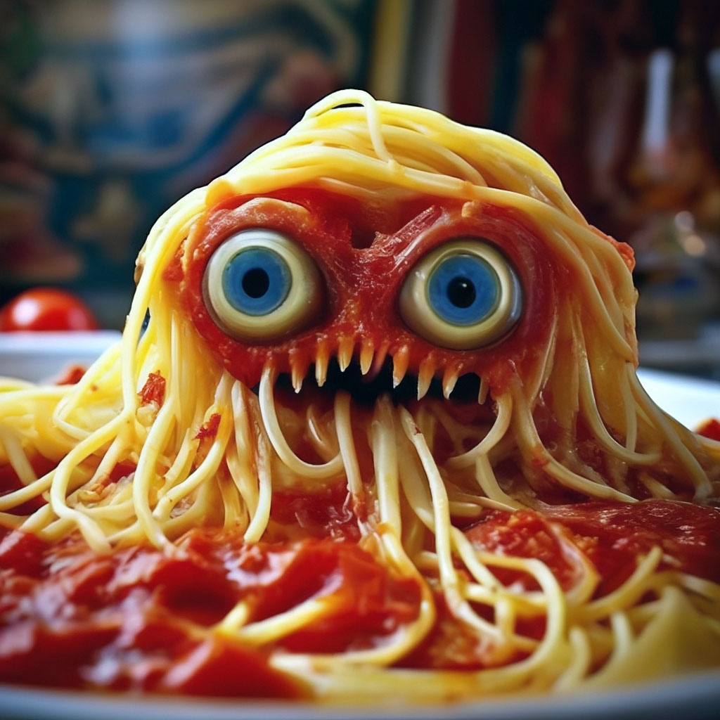 "Live food spaghetti with beautiful expressive eyes, teeth, red sauce ...