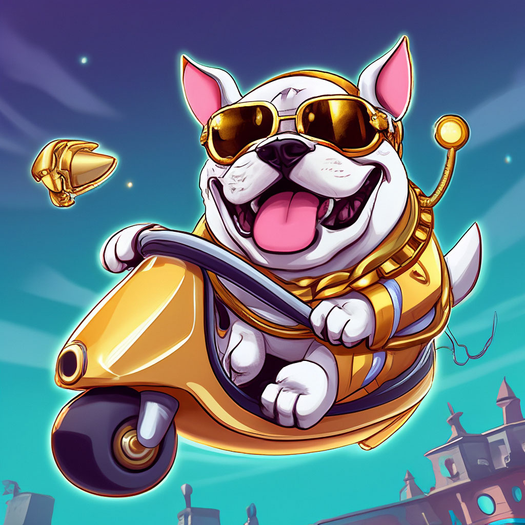 "Cartoon bulldog from the future with a smile, gold glasses and a gold ...