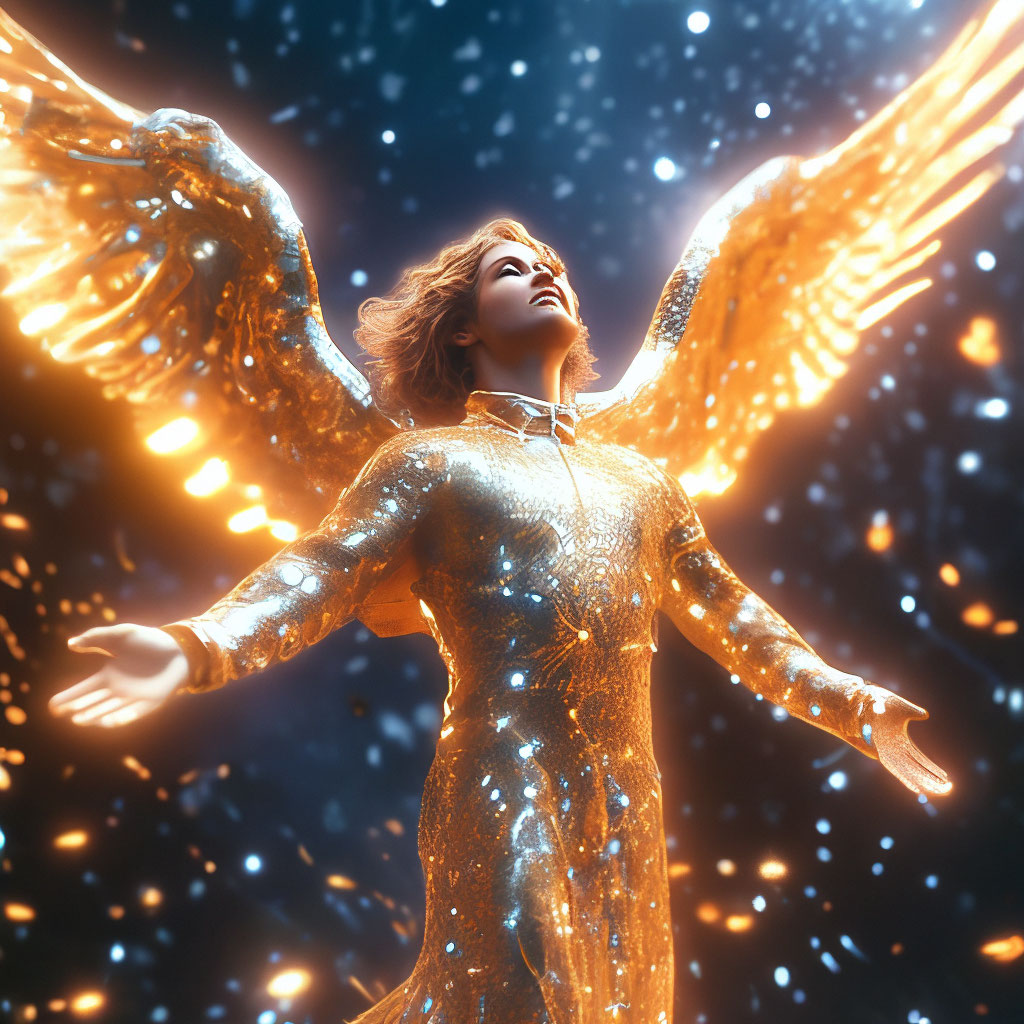 "A beautiful angel is flying in space, orange light sparkles around him ...