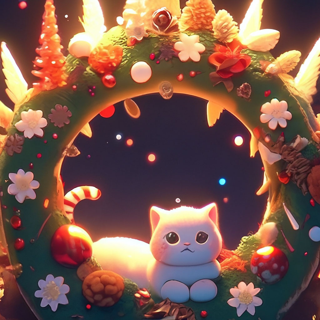 "Super cute cosmic cat Christmas tree wreath with cones, flowers, toys ...