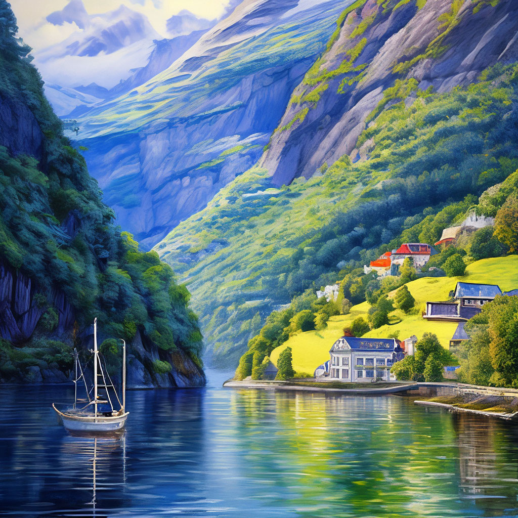 "Geiranger Fjord, Norway Hyperrealism, Watercolor, beautiful, fine ...