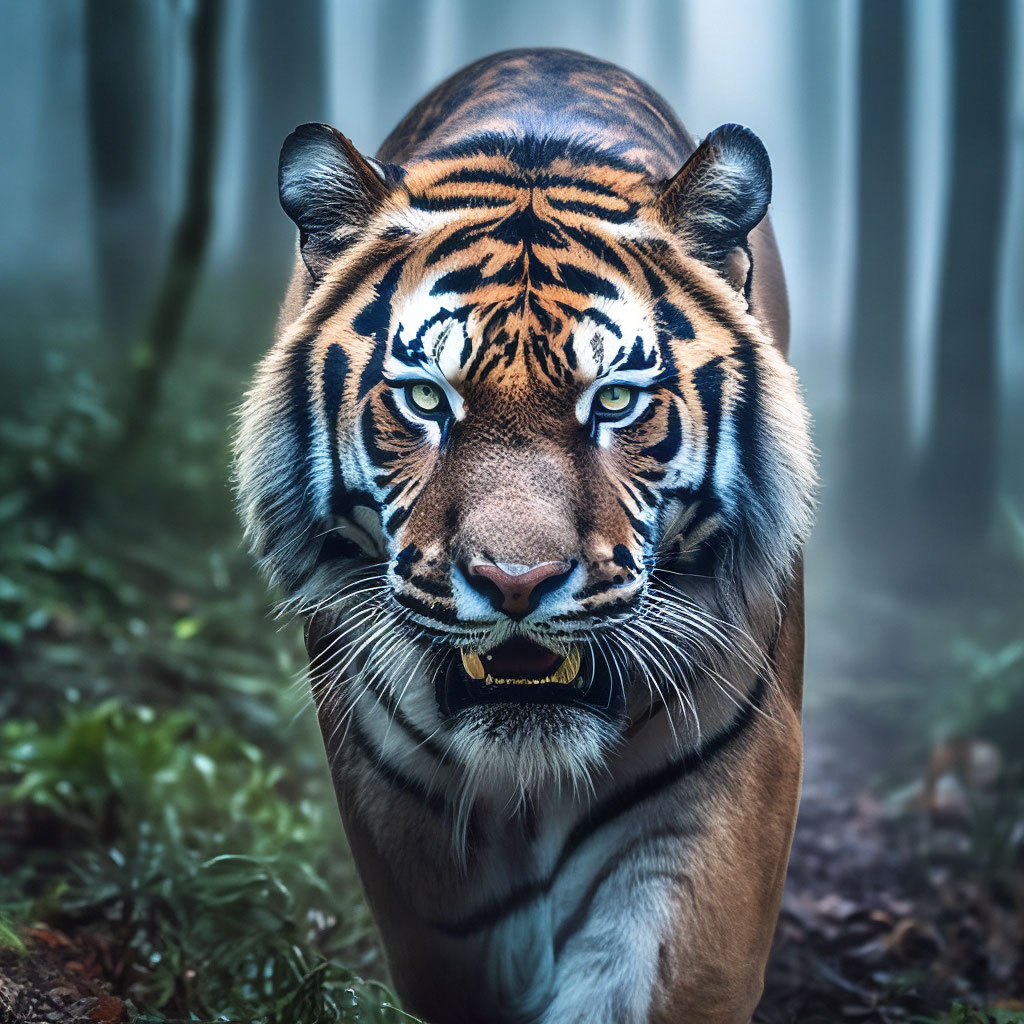 "Big, handsome, muscular, tiger with a predatory muzzle in the night ...