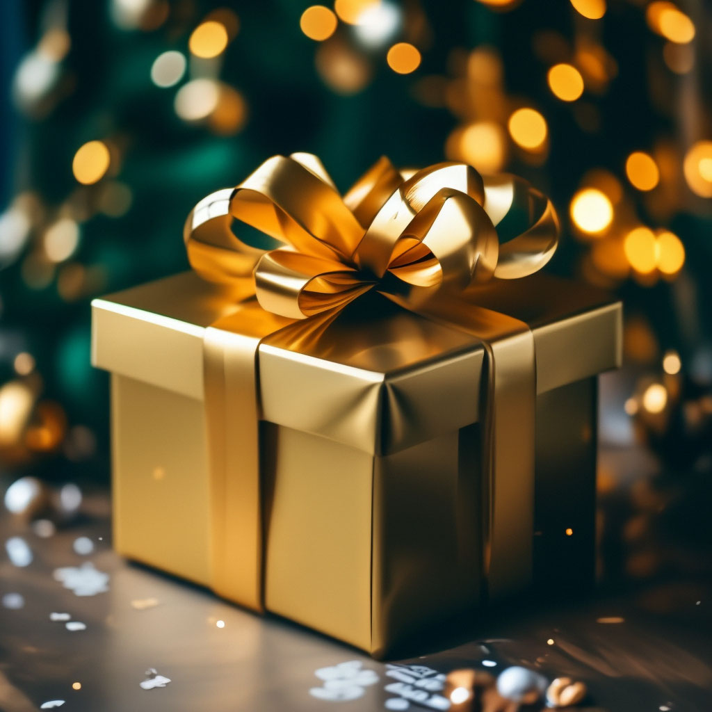 "A surprise gift for the new year, a bow, a box, magic" — image created ...