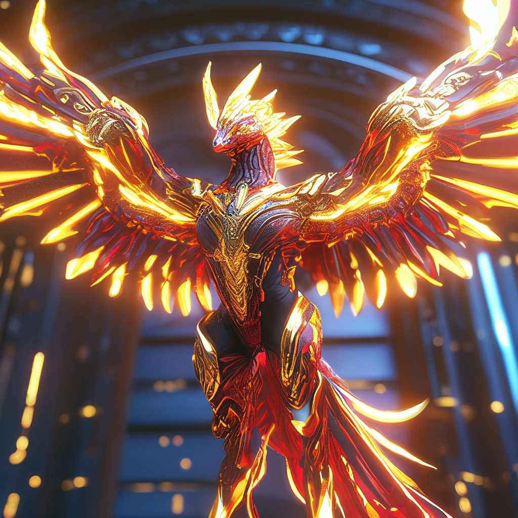 "Fantasy-mythology, cyber-gothic, epic anthropomorphic phoenix, glowing ...