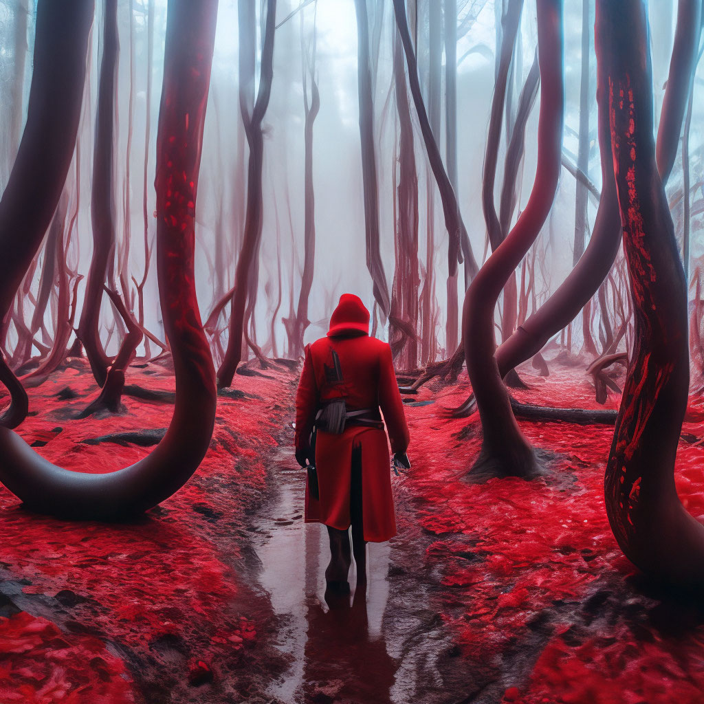 "Stalker in the red forest around anomalies" — image created in Shedevrum