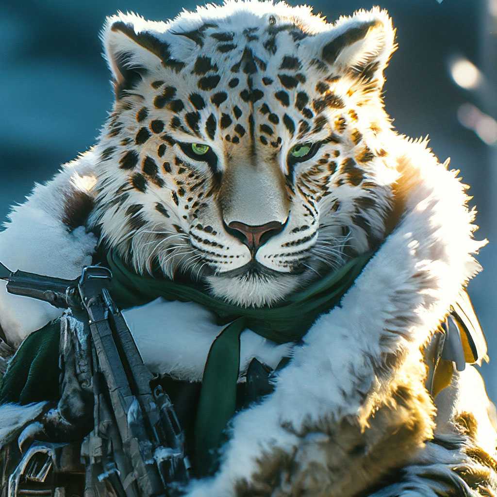 "Anthropomorphic leopard, muscular, in fur clothes, stern look, holding ...