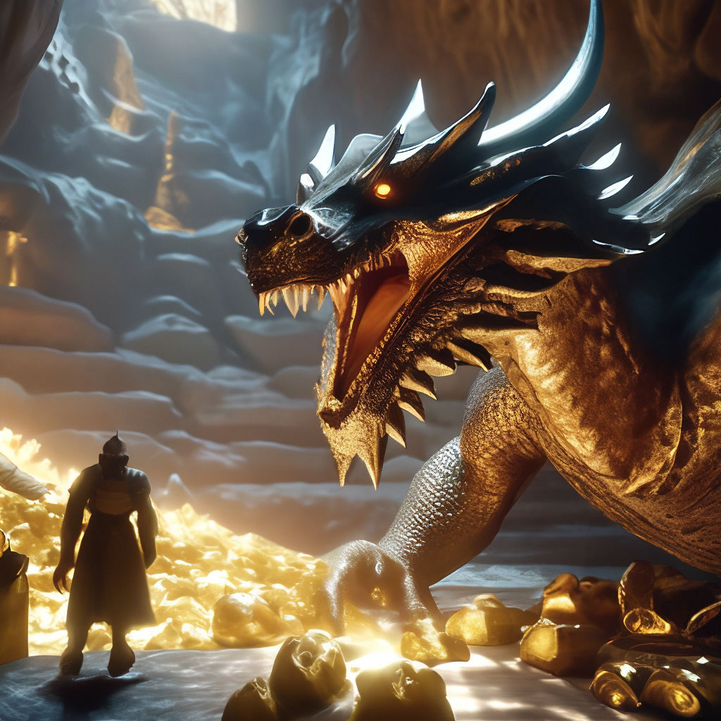 "The evil ancient dragon smaug guards treasures in a huge cave with ...
