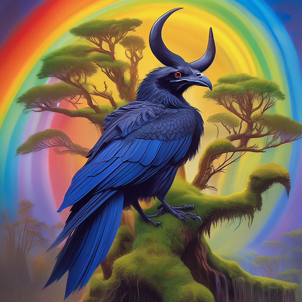 "The Abyssinian horned raven sits on a crooked mossy tree, behind the ...