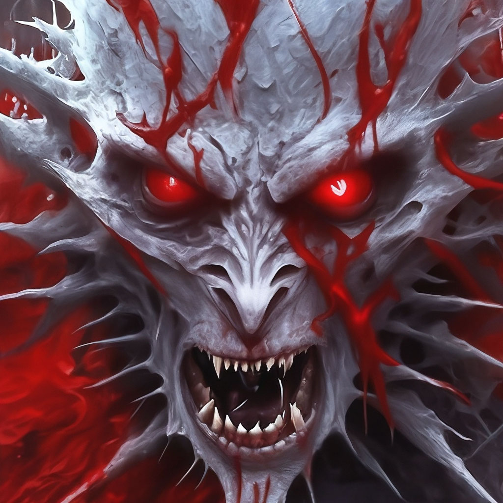 "Evil grey crazy draugr, red splashes, horror movie, huge eyes, scars ...
