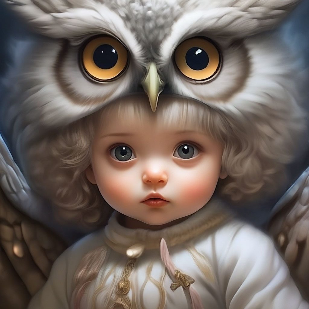 "A full-grown baby girl of 3 years old is cute, with owl ears, huge ...