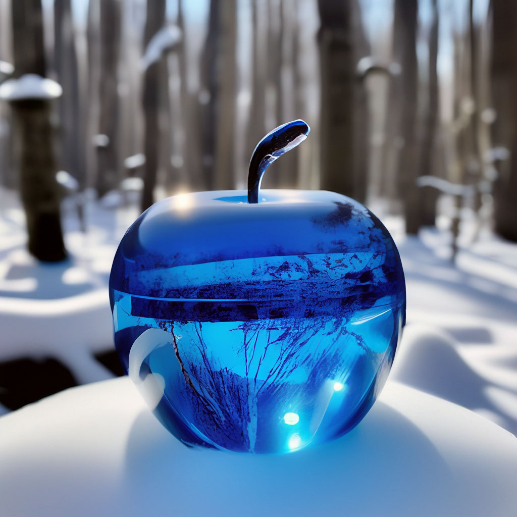 "An apple made of blue glass stands in a snowy forest" — image created ...