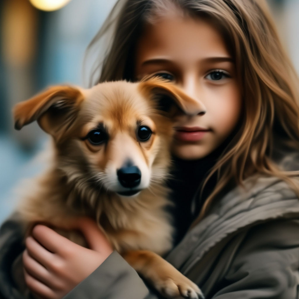 "A girl holds a small stray dog" — image created in Shedevrum