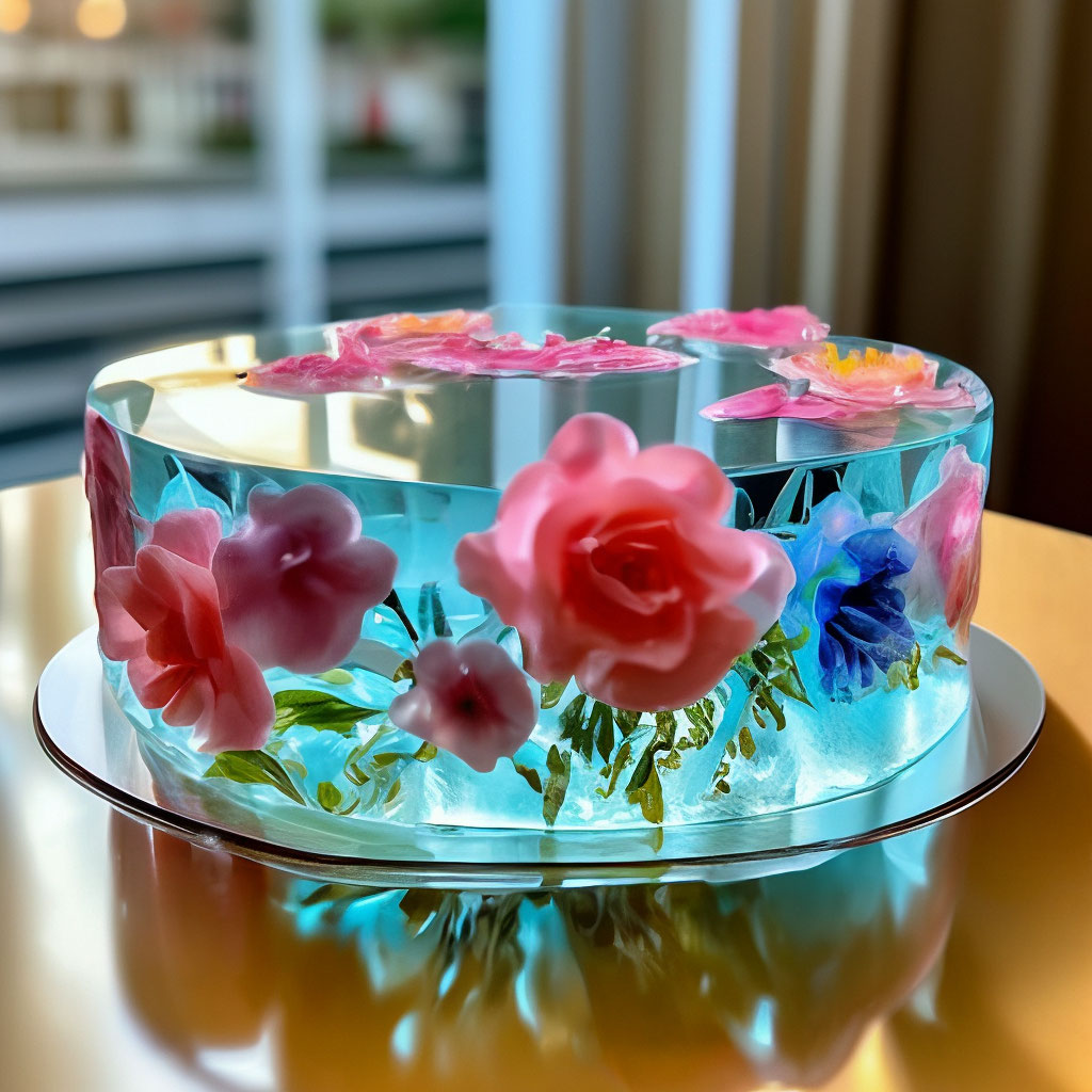 "A cake made of transparent epoxy resin flowers inside a transparent ...