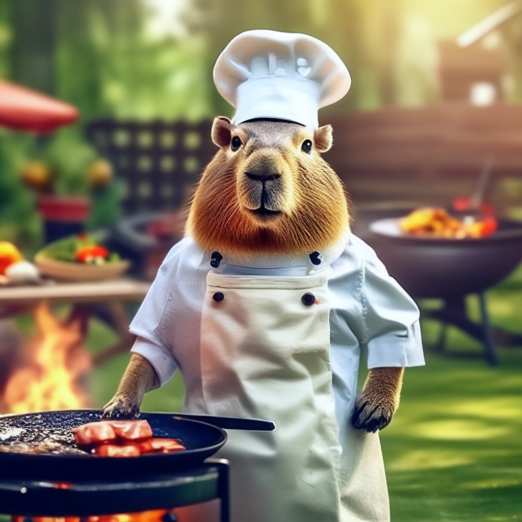 "Capybara in the shape of a cook, apron, barbecue in the garden ...