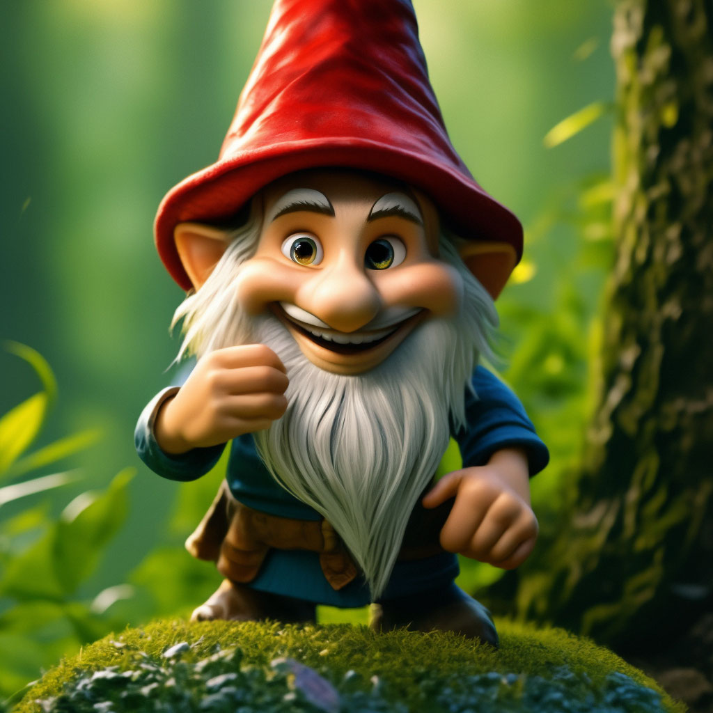 "A cunning little gnome, high resolution, smiles slyly in the middle of ...