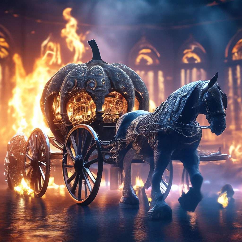 "Epic crystal huge pumpkin carriage, harness skeleton horse around fire ...