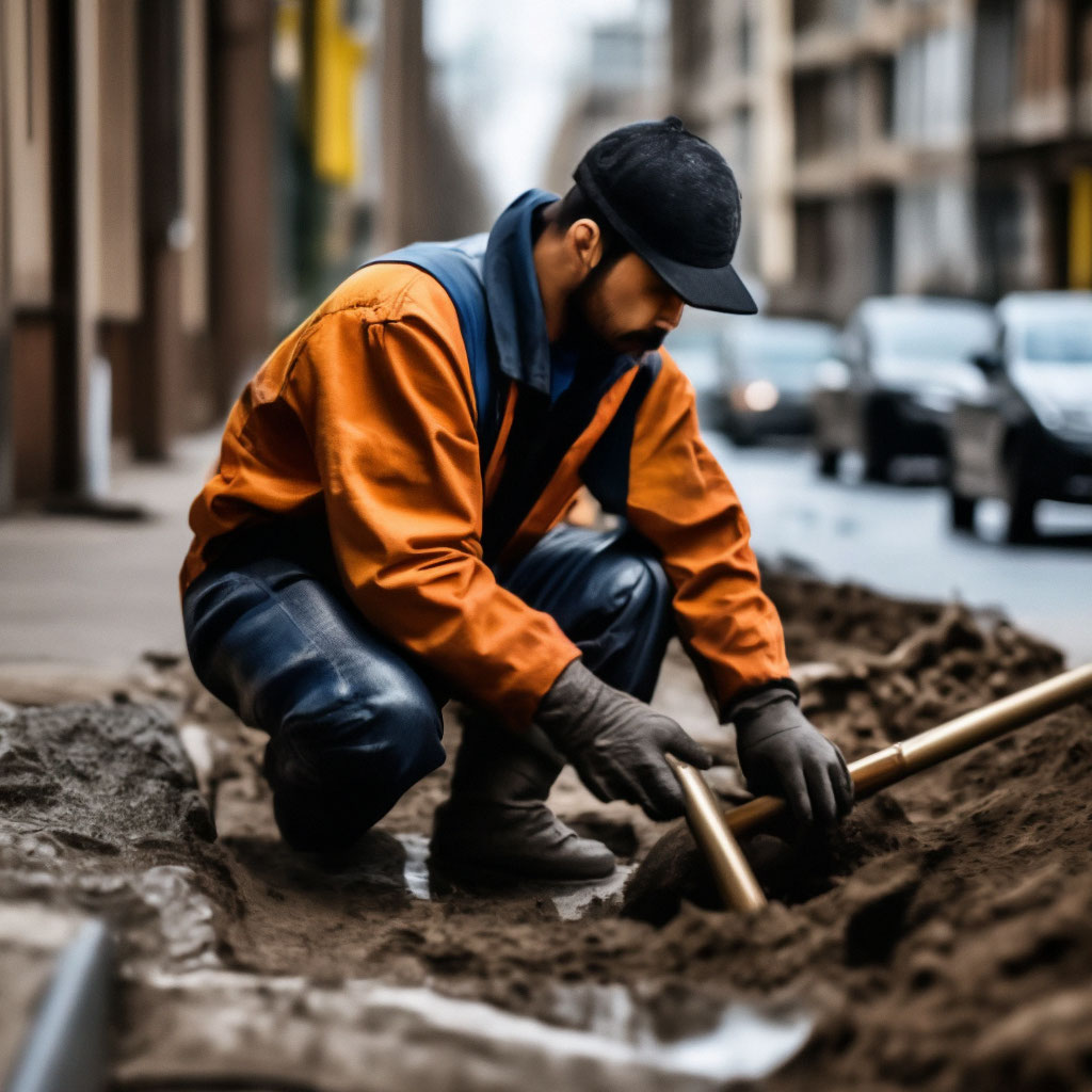 "A plumber on the street is digging the ground and looking for gusts of ...