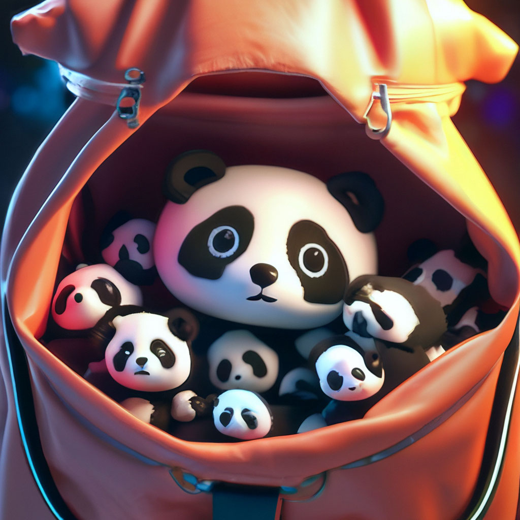"Inside the bag there are fluffy cute 3d pandas, big eyes, pixel ...