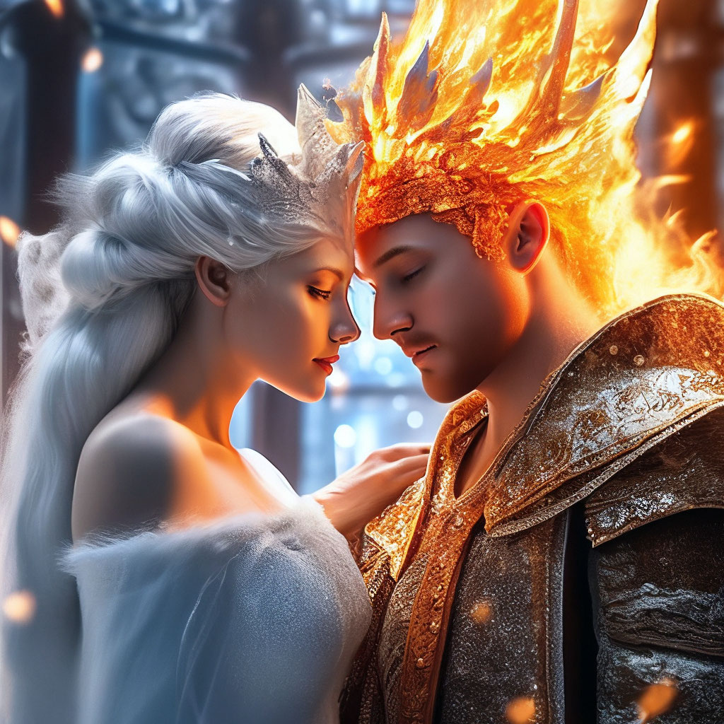 "Snow Queen: ice+snow, Fire King: fire+magma, meeting in a bright hall ...