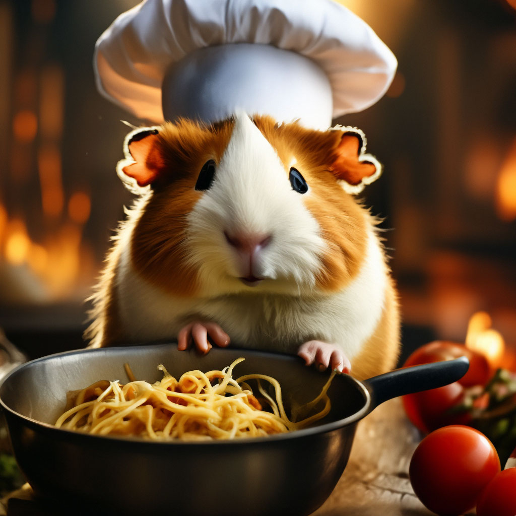"Guinea pig, cook, cooks pasta, in a chef's hat, 108k, very detailed ...