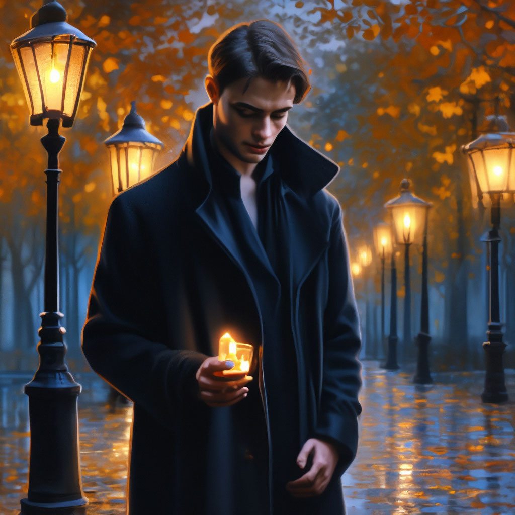 "A sad guy in a black coat stands in the park at night with a lighter ...