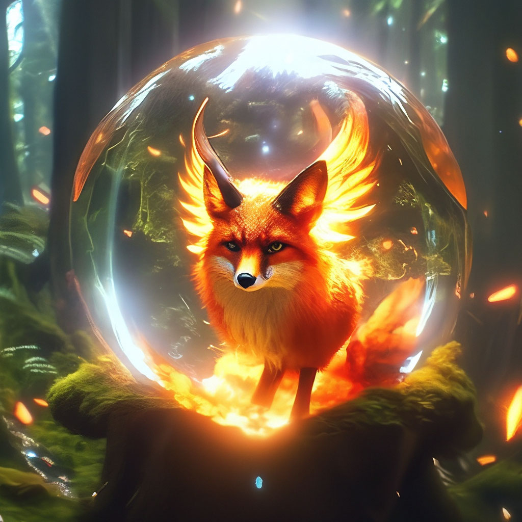 "Inside a crystal ball,a beautiful fire fox with wings of fire ...