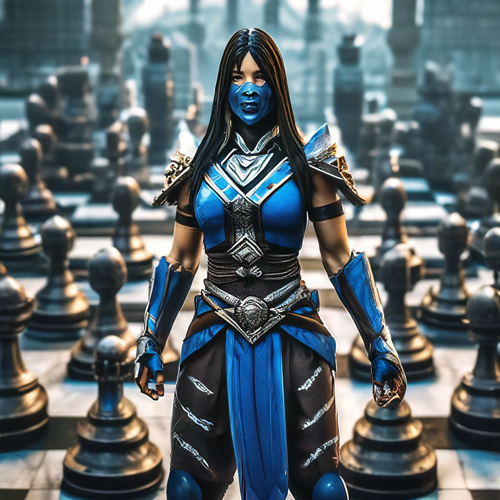 "Kitana mortal kombat, standing near giant chess pieces, kind face ...