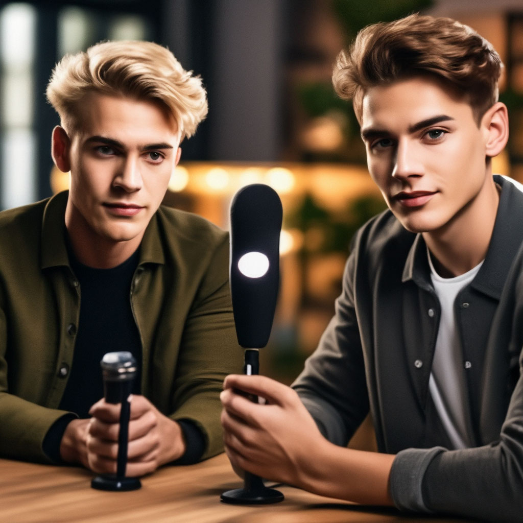 "Two young guys, one brown-haired, the second blond, are recording a ...
