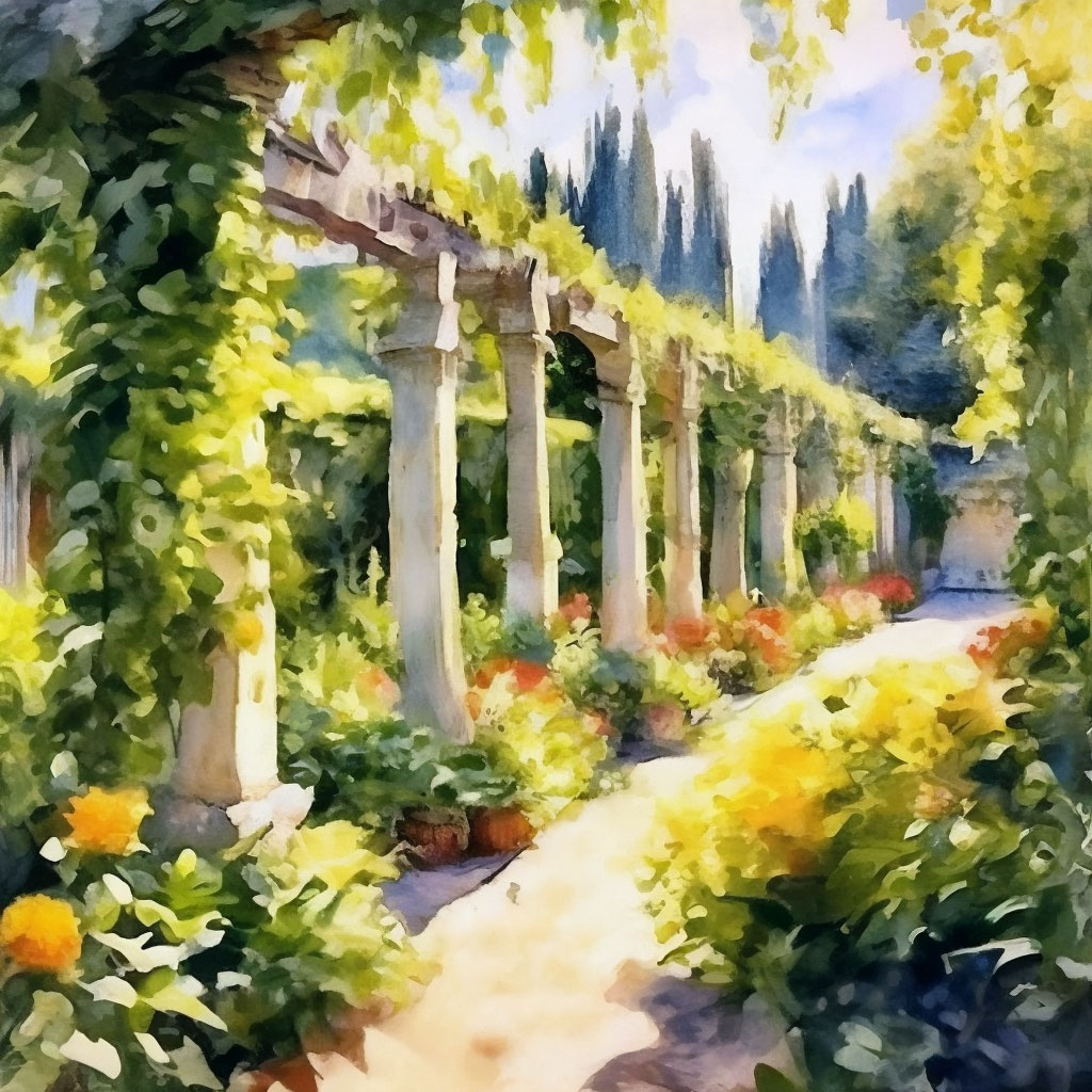 "Sunny Italy gardens , trellises, bright summer close-up, sun juicy ...