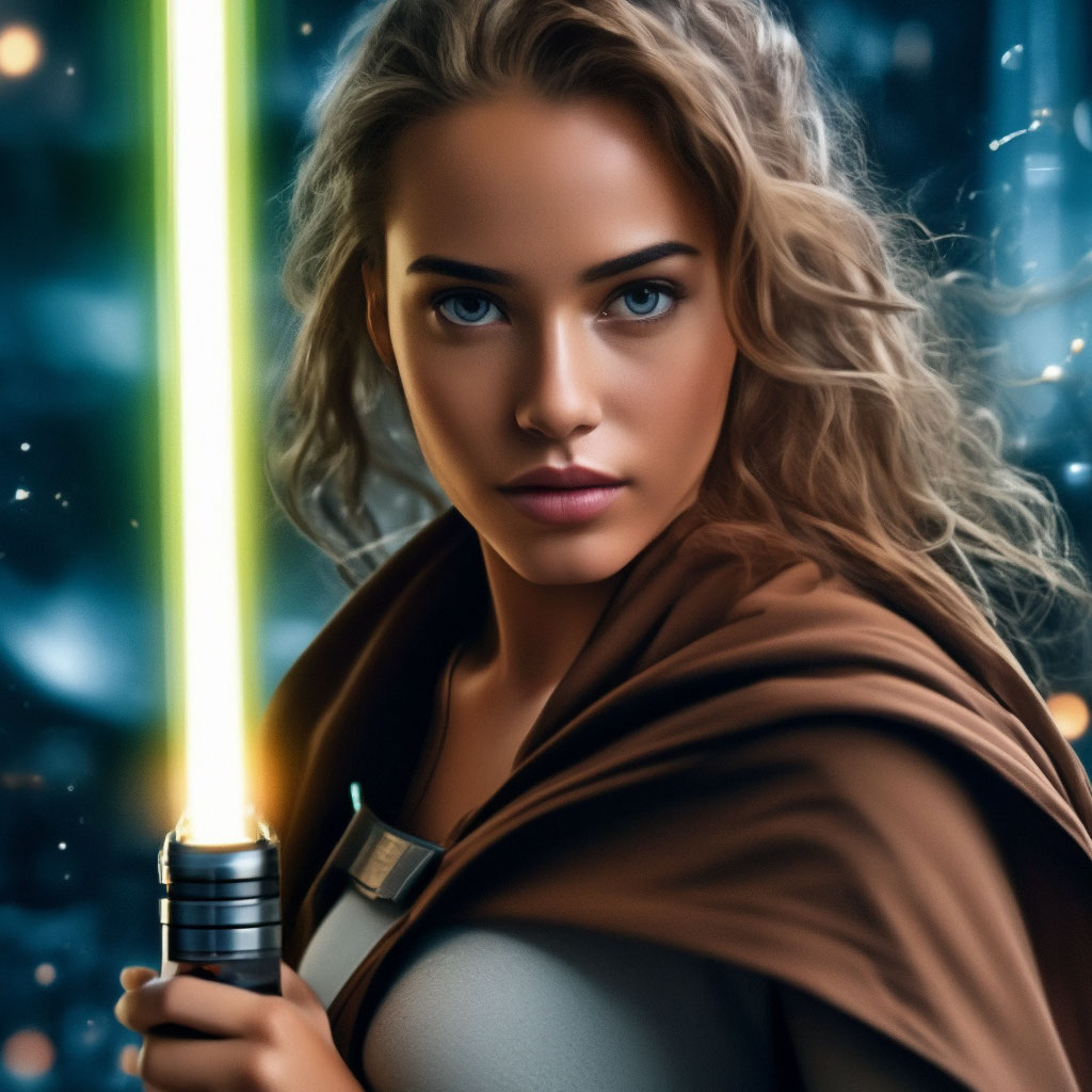 "Beautiful jedi girl from star wars in a distant galaxy, holding a ...
