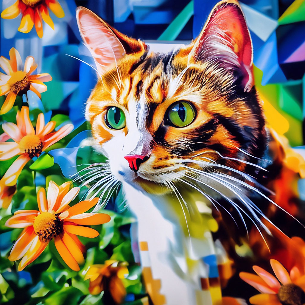 "Super realistic, cat, cubism, nature, flowers, summer, cubist portrait ...