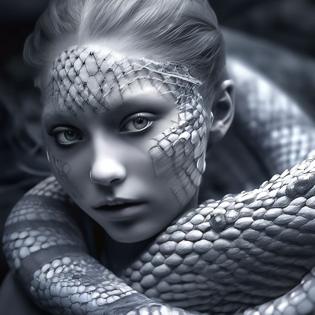 "Metamorphosis, hybrid of a girl and a snake, skin is made up of ...