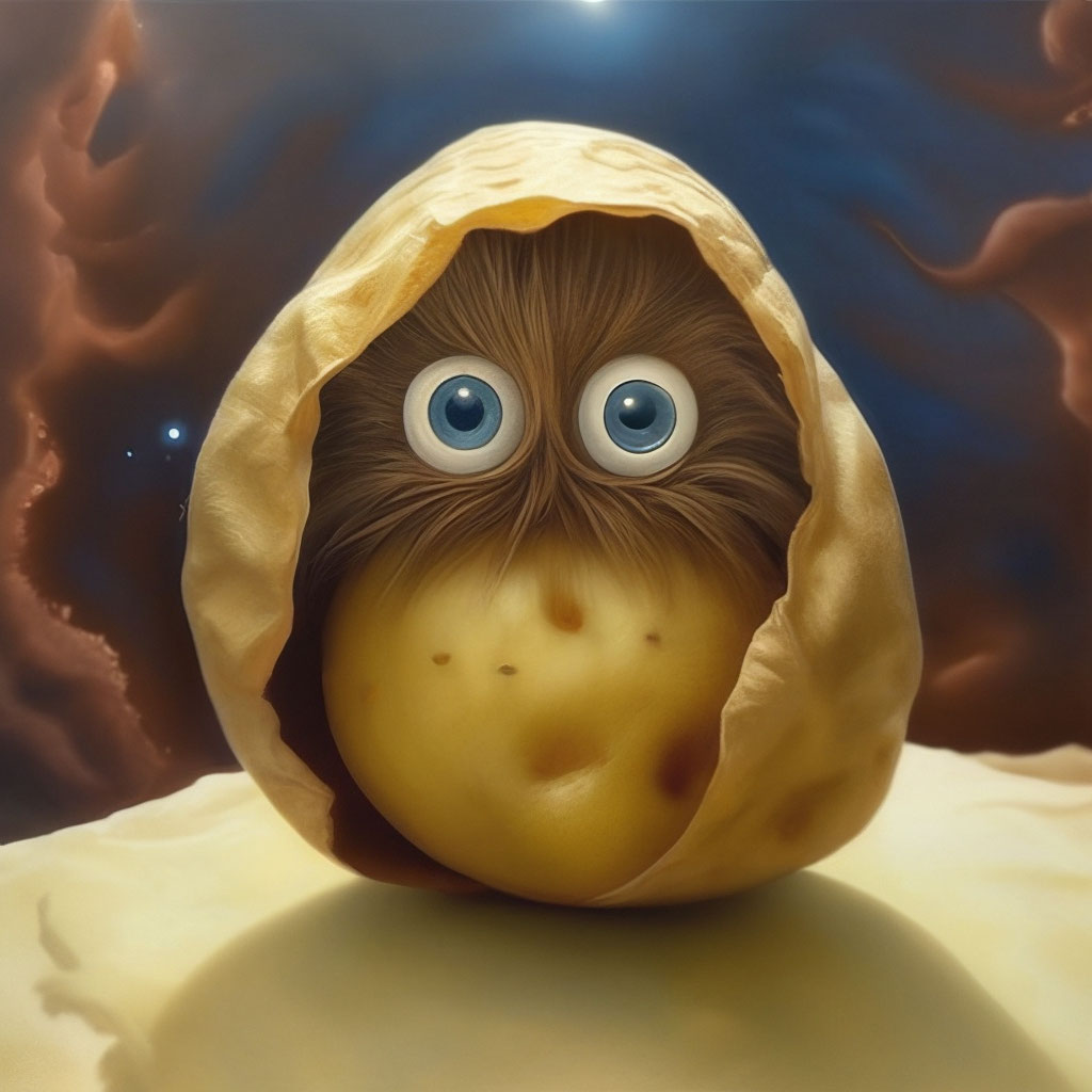 "A shaggy potato with eyes in space, hyperrealism" — image created in ...