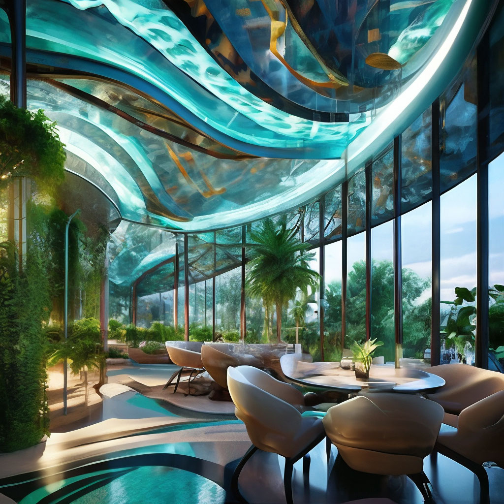 "Surreal interior: detailed luxurious two-tiered high-tech restaurant ...