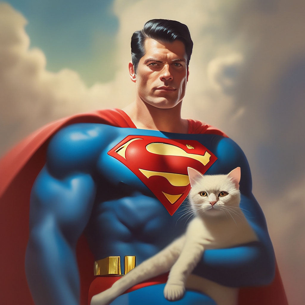 "Superman with a cat" — image created in Shedevrum
