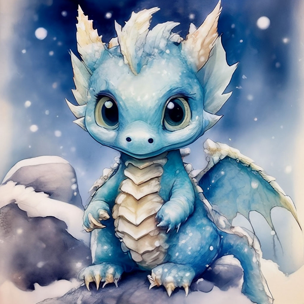 General plan, ice, snow, frost Cute elegant creep, funny baby dragon ...