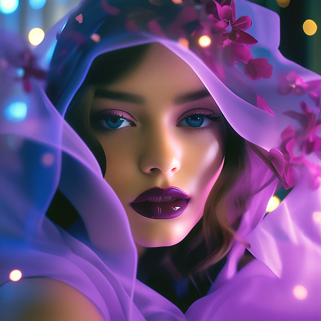 "Purple chiffon transparent blindfold on the eyes of a beautiful girl ...