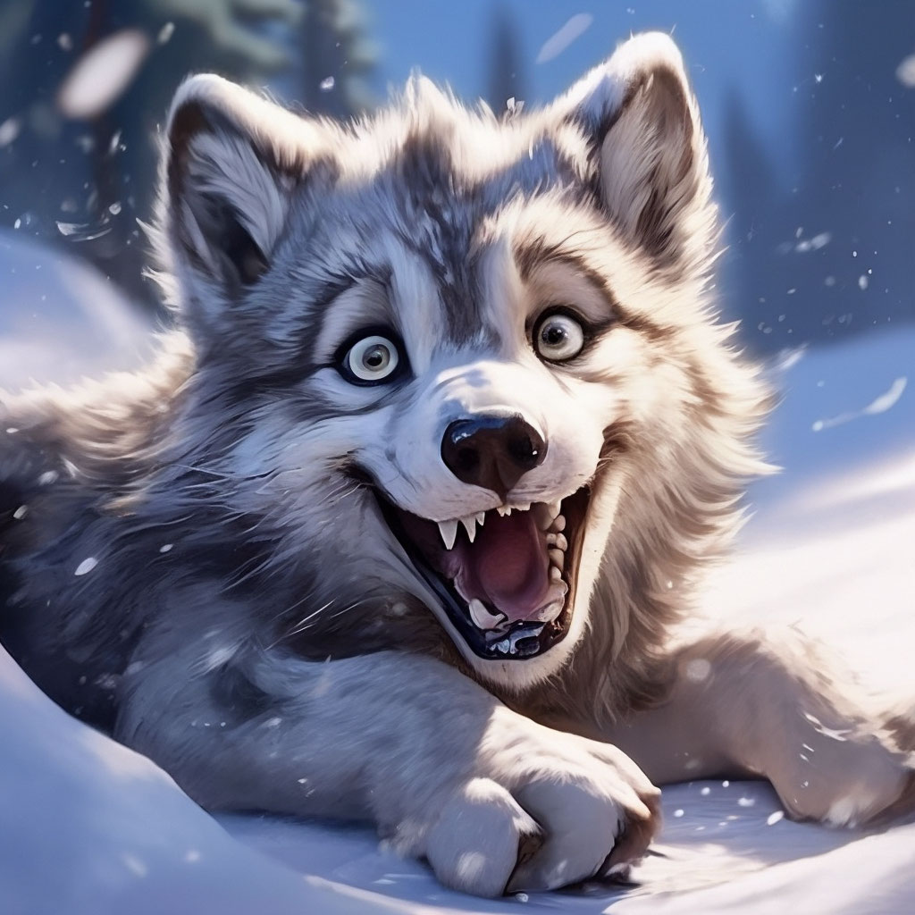 "Creep funny wolf cub, lying in the snow, posing, sly look, smile ...