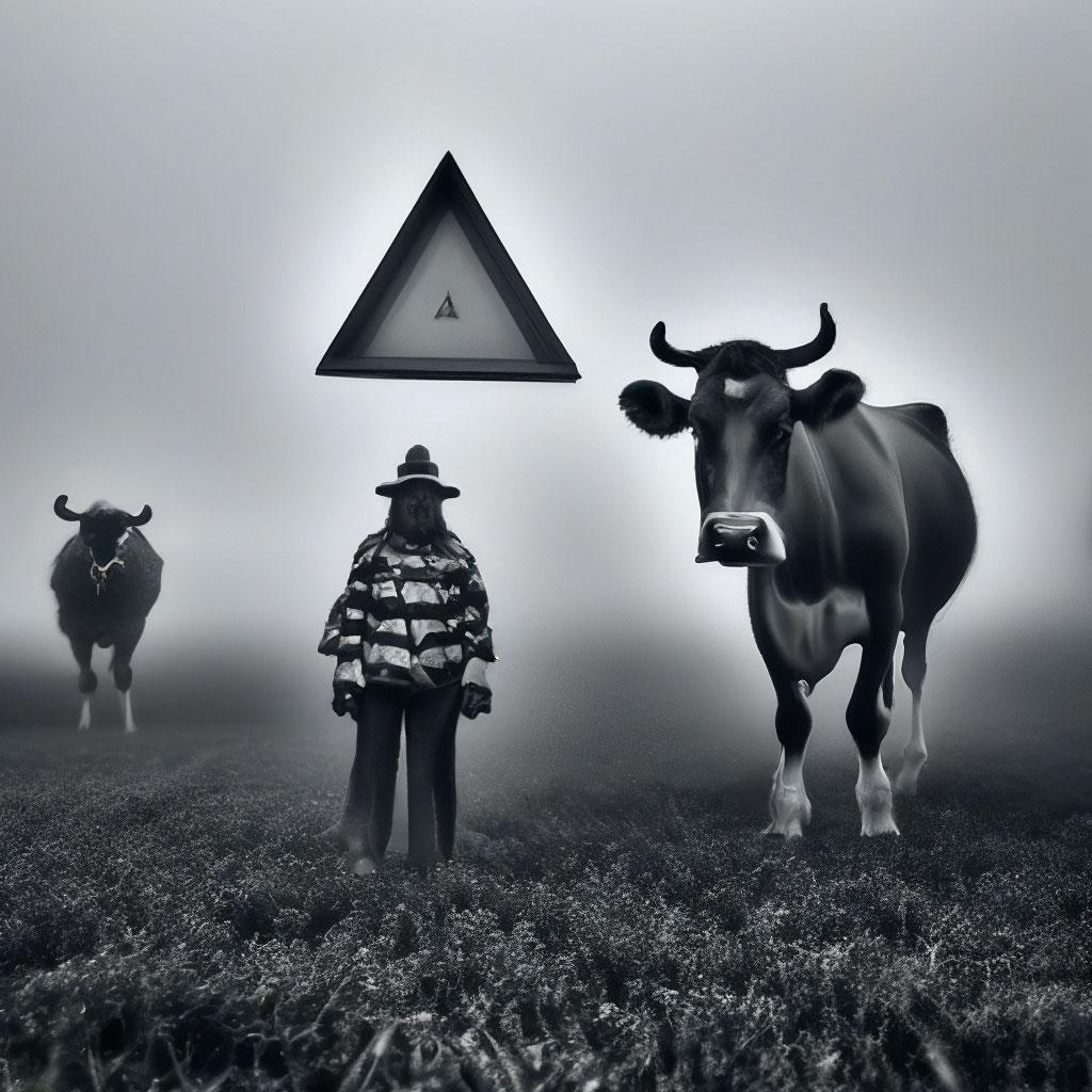"A cow with eight legs and three eyes stands in the middle of a field ...