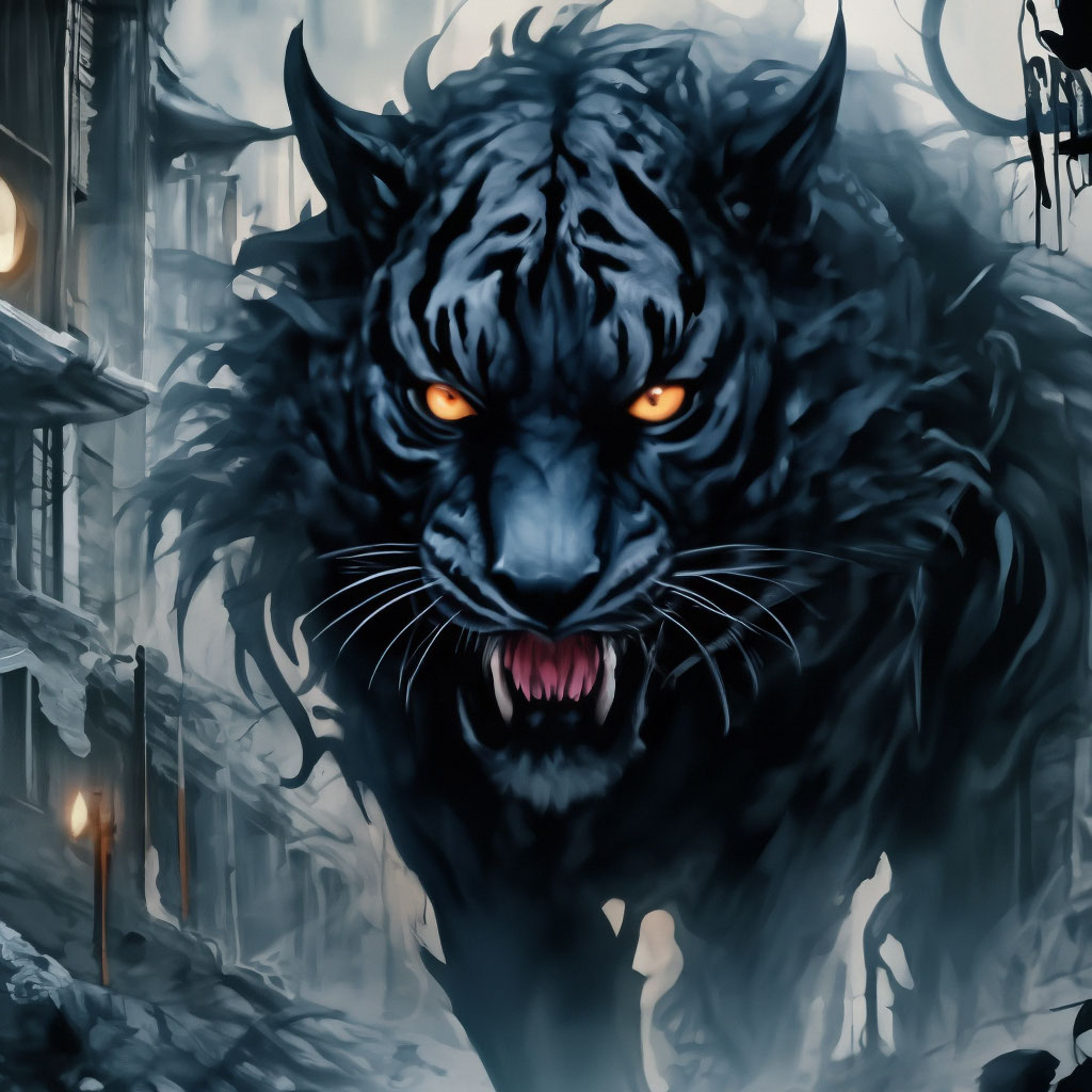 "Anime watercolor, black tiger ghost, chthonic monster, thick dark fog ...
